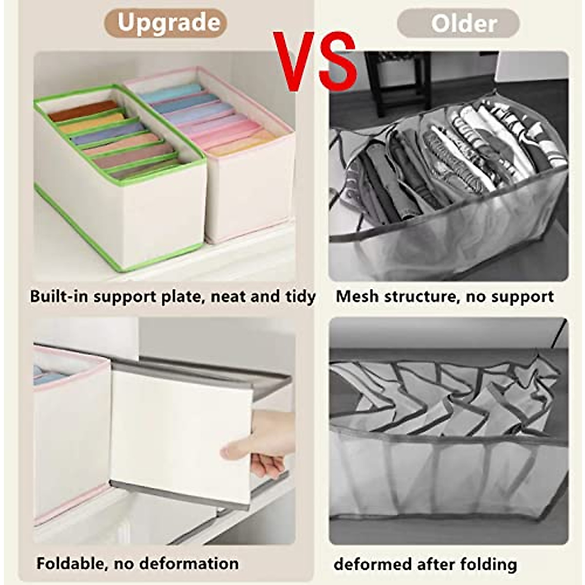 Nucucina Wardrobe Clothes Organizer, 7 Grids Foldable Visible Closet Organizer, Mesh Clothes Drawer Storage Box for Underwear, Socks, Scarves, Leggings, Skirts, T-shirts, Jeans (Gray*2pcs)