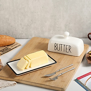MyGift Retro Style White Ceramic Butter Dish with Lid, Countertop Butter Container with Black Rim and BUTTER Word Design