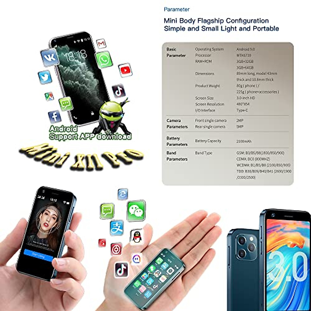 iLight Mini Smartphone 12 Pro - The World's Smallest 12 Pro Android Mobile 4G LTE Phone, Super Small 3" HD Touch Screen Global Unlocked Great for Kids 3GB RAM / 32GB ROM Tiny iPhone 12 Pro Look Alike