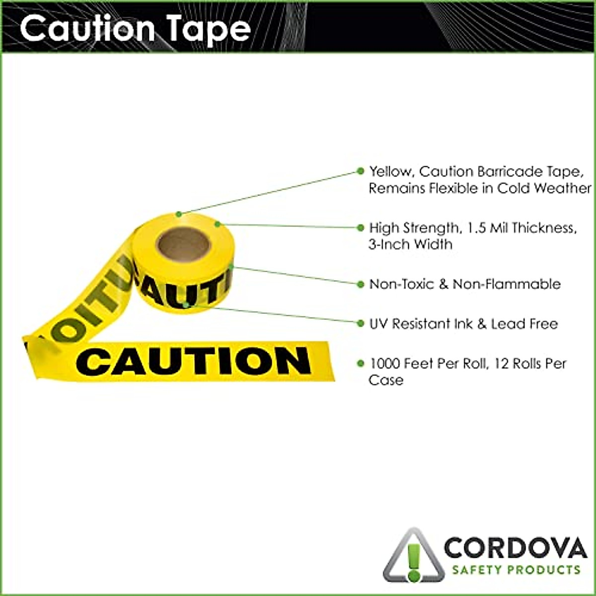 Cordova Yellow Caution Barricade Tape - Heavy Duty 12-Pack
