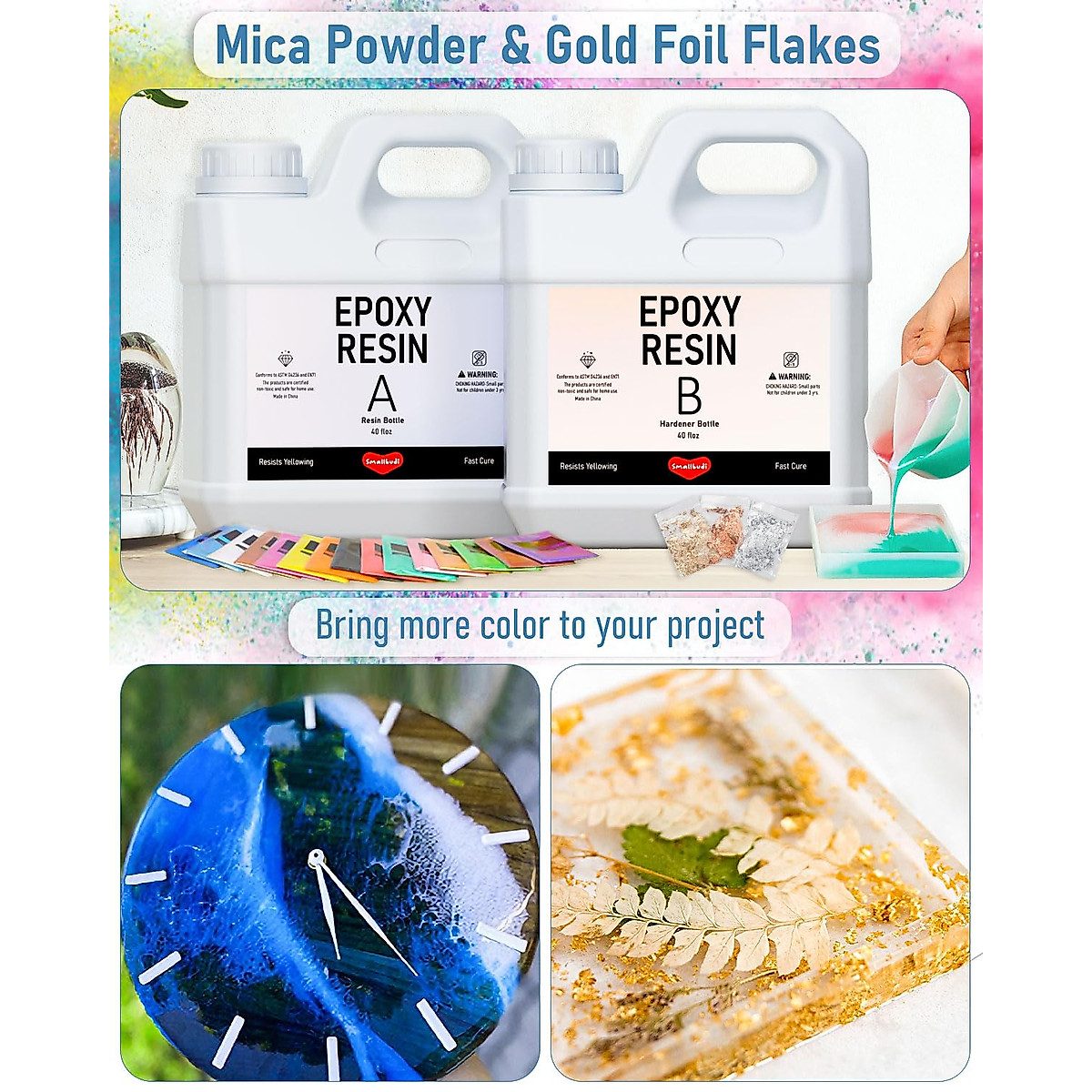 Smallbudi 80 OZ Epoxy Resin Kit with 16 Colors Mica Powder, Gold Foil, Cups & Stick, Crystal Clear Resin Beginner Supplies for Coating and Casting, Molds, Jewelry Making, DIY Art Craft, 1:1 Ratio