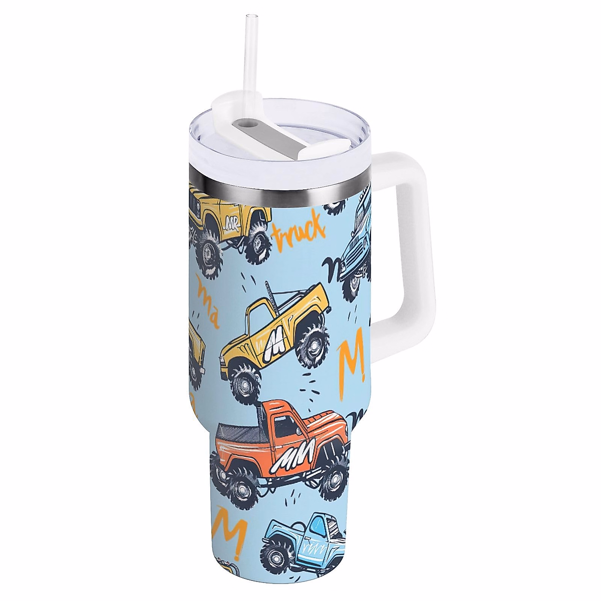 ODAWA Colorful Monster Trucks Travel Mug with Handle Tumbler Cup Reusable Stainless Steel Water Bottle