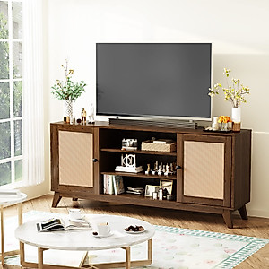 AWQM Rattan TV Stand for 65 Inch TV, TV Console Table with 2 Rattan Doors, Modern Entertainment Center with Storage Cabinet and Open Shelves, for Living Room, Bedroom, Walnut
