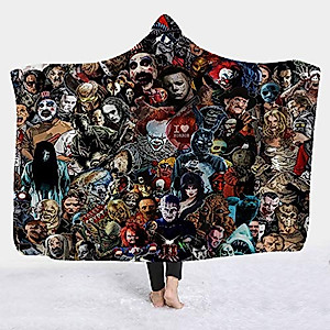 YEARGER Horror Movie Character Hooded Blanket for Adult Gothic Sherpa Fleece Wearable Throw Blanket Microfiber Bedding (110X145cm,C)