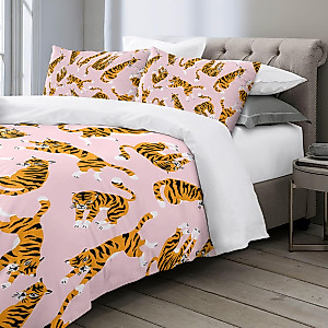 Sleepwish Cute Duvet Cover Cartoon Tigers Pattern Bedding for Kids Teen Girls Boys 3pc Big Cat Animal Bed Set Pink (King)