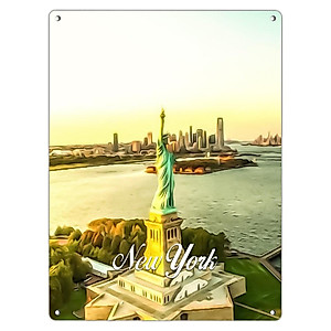 Autravelco Rustic Metal Signs Skyline New York City Landscape Wall Decor Aluminum Metal Sign for Coffee Bar Terrace Business USA Street Painting State Building Art Poster Gift for Dorm 12x16in