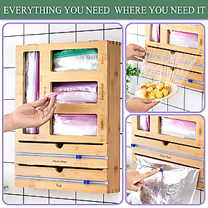 SWILLT - Premium Bamboo Ziplock Bag Organizer for Kitchen Drawer Organizer or Pantry Wall [Exclusive 3 Layer Top Design] -Integrated 2 in 1 Aluminum Foil and Plastic Wrap Dispenser with Cutters- The Perfect Deals/ Holiday Organization Gift