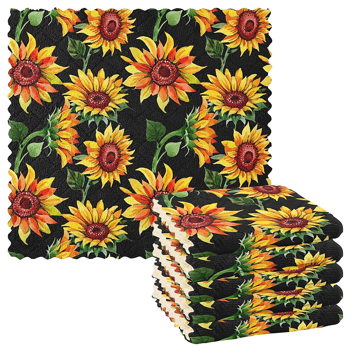 ALAZA Sunflower Floral Black Watercolor Stylish 6 Pack Kitchen Towels Dish Bar Tea Towel Dishcloths Fast Drying Super Soft 11 x 11 inches