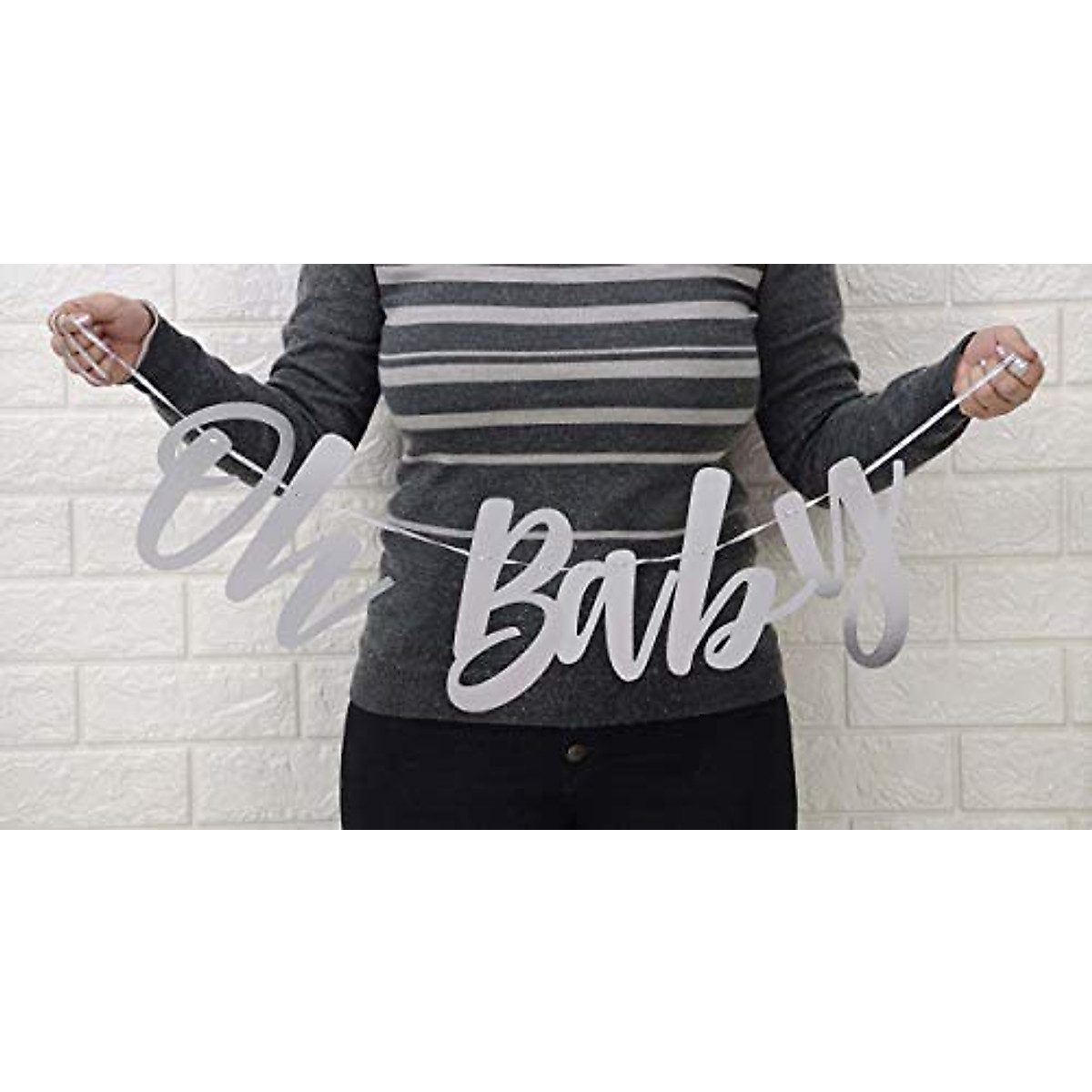 Inkdotpot Oh Baby Pre-Assembled Cursive Bunting Flags Metallic Silver Baby Shower Decor Gender Reveal Bunting Banner
