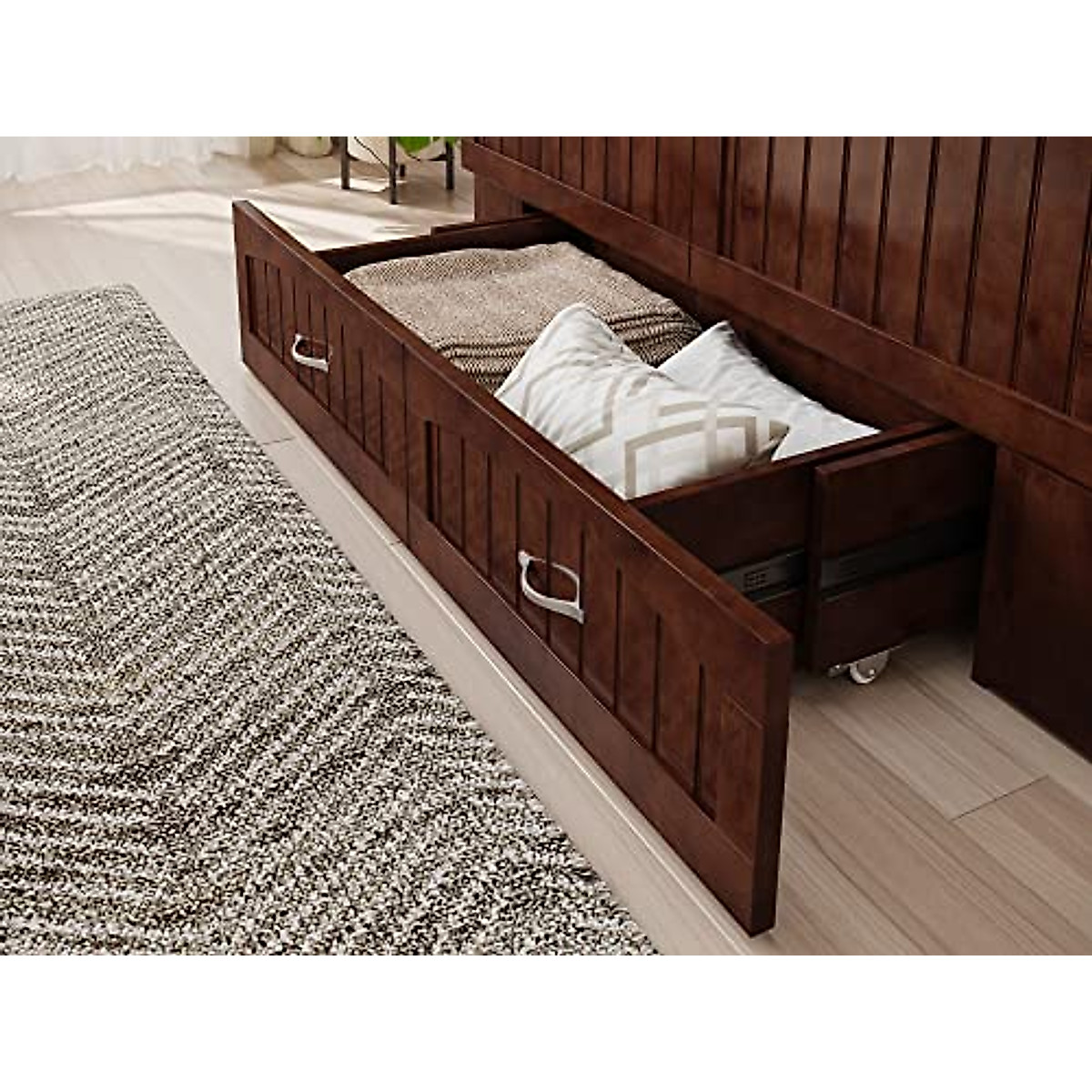 AFI Southampton Full Murphy Bed Chest with Mattress, Storage, and Built-in Charger in Walnut
