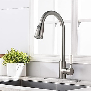 Comllen Single Handle Brushed Nickel Kitchen Faucet, High Arc Stainless Steel Kitchen Sink Faucet with Pull Down Sprayer, Modern Pull Out Faucet for Kitchen Sink with Deck Plate