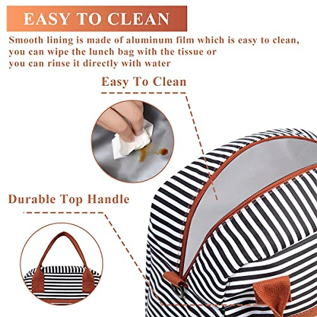 VASCHY Lunch Bags for Women, Cute Insulated Lunch Box Tote Reusable Cooler Bag with Removable Shoulder Strap for Work Classic Strip