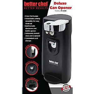 Better Chef Electric Tall Can Opener | 3-in-1 | Built in Knife Sharpener & Bottle Opener | Cord Storage | Auto-Stop (Black)