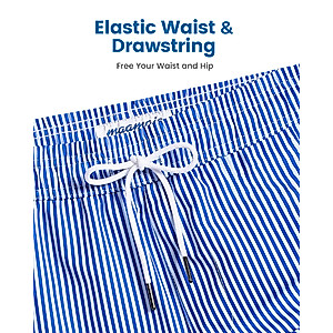 maamgic Mens Swim Trunks with Compression Liner 5" Stretch Beach Shorts Quick Dry with Zipper Pockets No-Chafing Board Shorts Blue White Stripe M