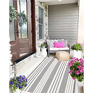 Grey and White Outdoor Rug 3'x 5' Front Porch Rug Cotton Hand-Woven Striped Rug Machine Washable Indoor/Outdoor Area Rug Front Door Floor Mat for Farmhouse/Layered Door Mats/Living Room/Entryway