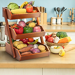 NUTUNI Fruit Basket for Kitchen, 3 Tier Fruit Basket, Bamboo Fruit Basket, Produce Storage, Fruit Holder, Fruit and Vegetable Storage for Potato, Onion, Bread and Snack -Brown (Self-assembly)