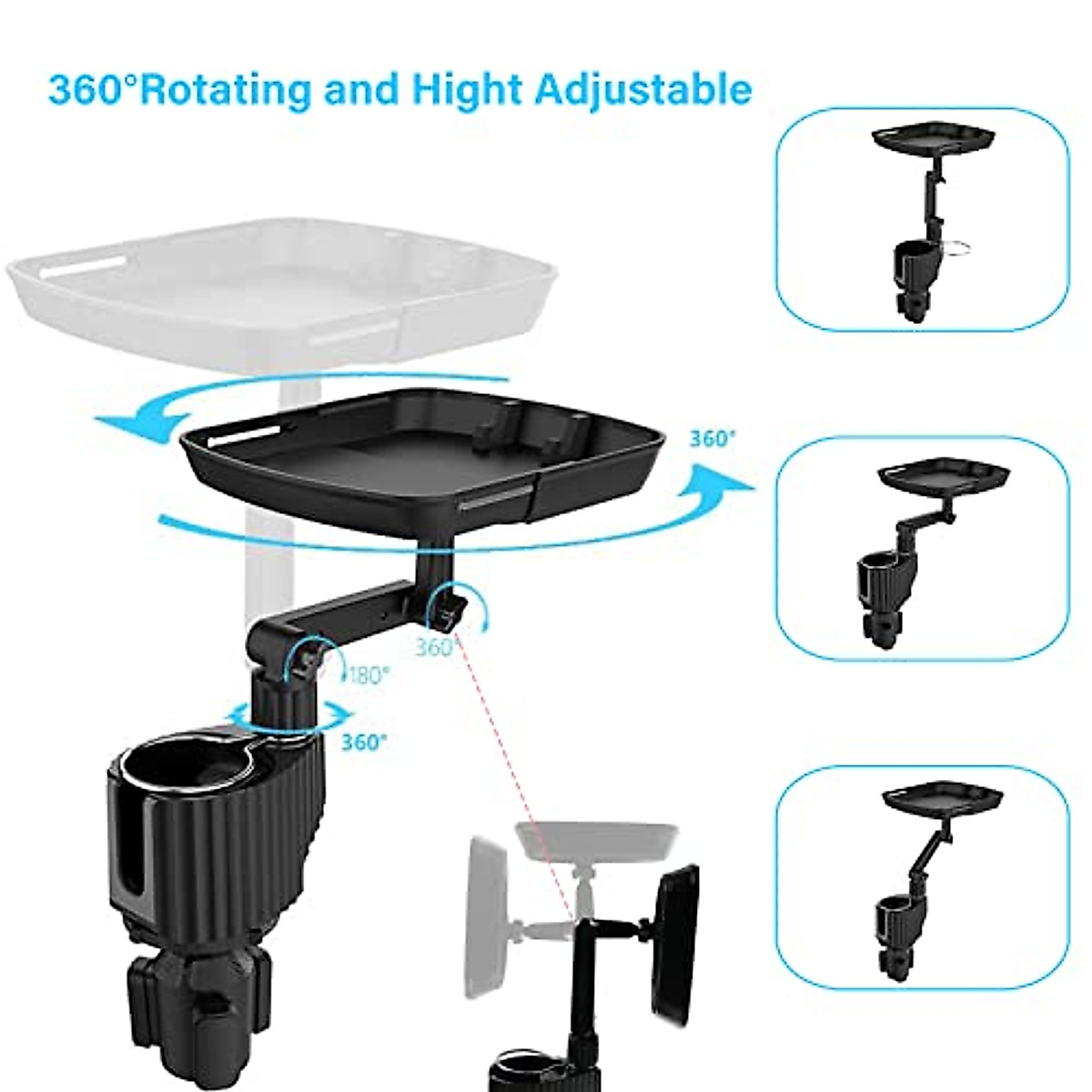 Aiuuee 4 in 1 Cup Holder Tray for Car, Upgraded Car Cup Holder Expander with Tray, Dual Cup Holder, Phone Slot, Adjustable Swivel Arm & Base, Detachable Car Food Tray Table for Eating