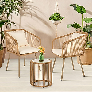 3 Piece Patio Furniture Set with Cushions Lumbar Pillows Outdoor PE Rattan Bistro Furniture Set Patio Rattan Conversation Set Glass Coffee Table Top and 2 Chairs for Patio Garden Porch , White