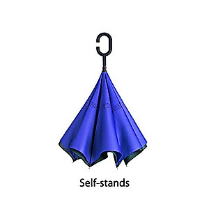owen kyne Windproof Double Layer Folding Inverted Umbrella, Self Stand Upside-down Rain Protection Car Reverse Umbrellas with C-shaped Handle (Sapphire Blue)