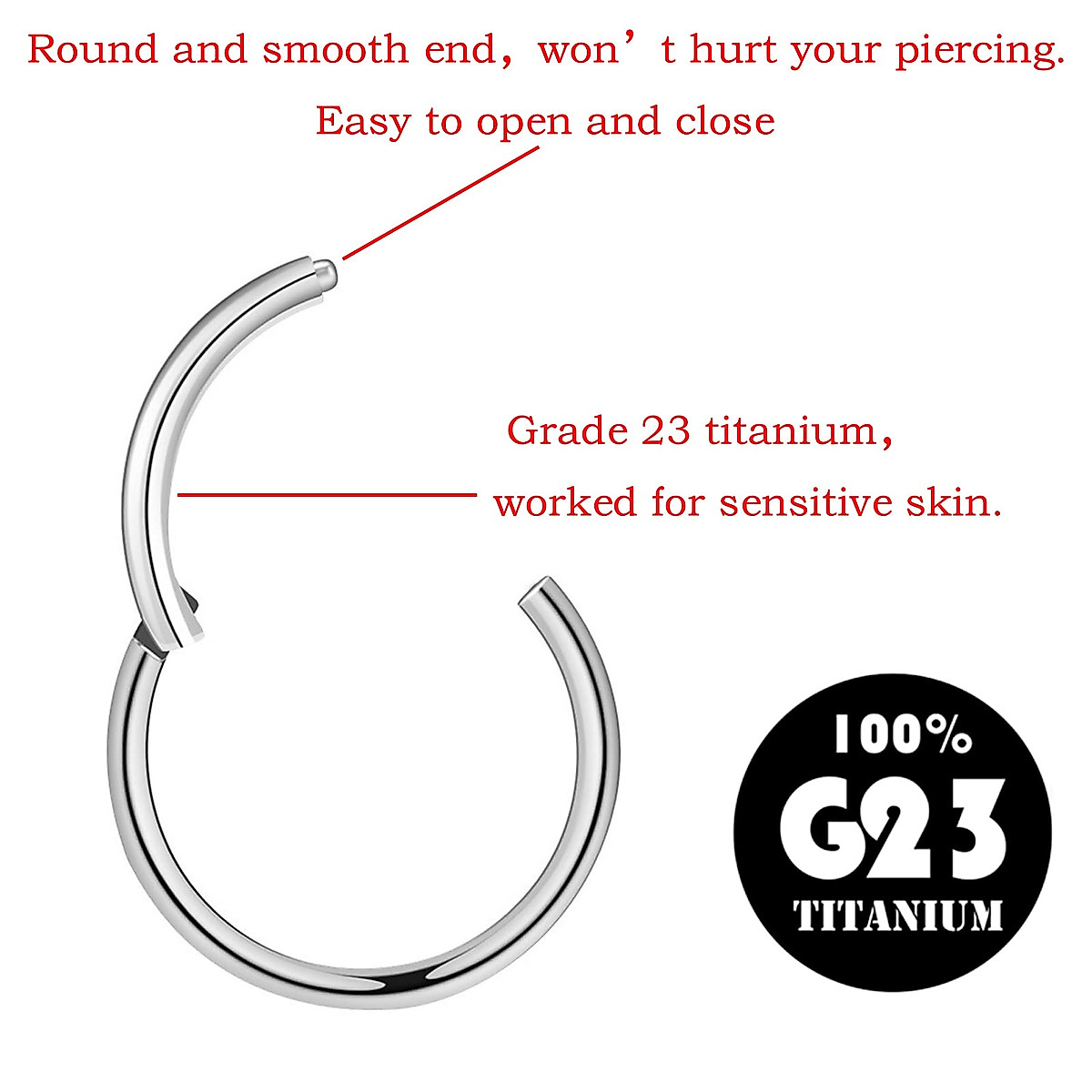 YSWUJIN 1pc Grade 23 Titanium Nose Rings 20G 18G 16G 14G Septum Jewelry Hinged Segment Ring Body Piercing Hypoallergenic Nose Hoop Lip Rings Nose Helix Cartilage Rook Earrings (16 Gauge, 6mm)