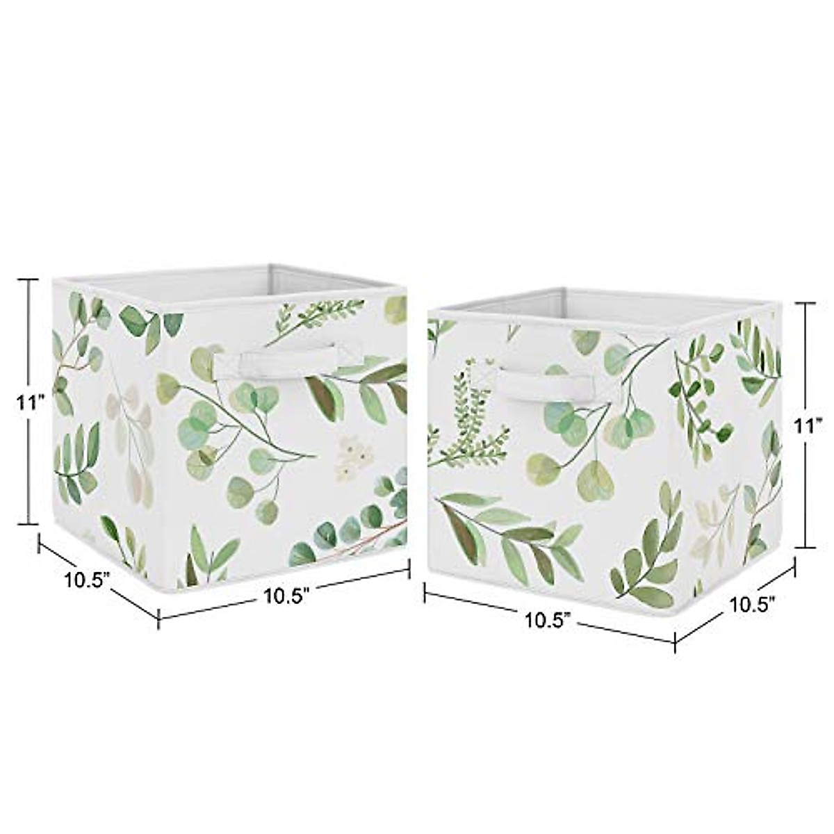 Sweet Jojo Designs Floral Leaf Foldable Fabric Storage Cube Bins Boxes Organizer Toys Kids Baby Childrens - Set of 2 - Green and White Boho Watercolor Botanical Woodland Tropical Garden
