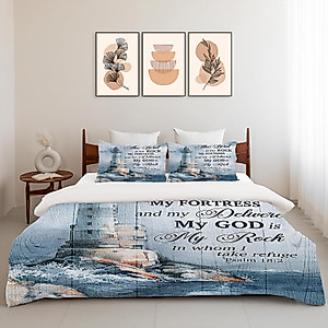 Christian Bedding Set Nautical Lighthouse Duvet Cover Twin Full Queen King Size Comforter Cover for Kids Adults Men Women Ocean Theme Quilt Cover Decorative Soft Bedding Set with 2 Pillowcases