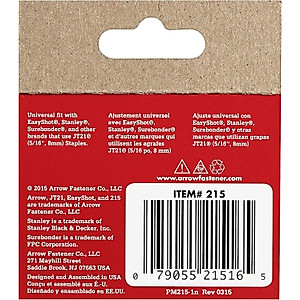 Arrow 215 JT21 Thin Wire Staples for Staple Guns and Staplers, Use for Upholstery, Crafts, General Repairs, 5/16-Inch Leg Length, 7/16-Inch Crown Width, 1000-Pack