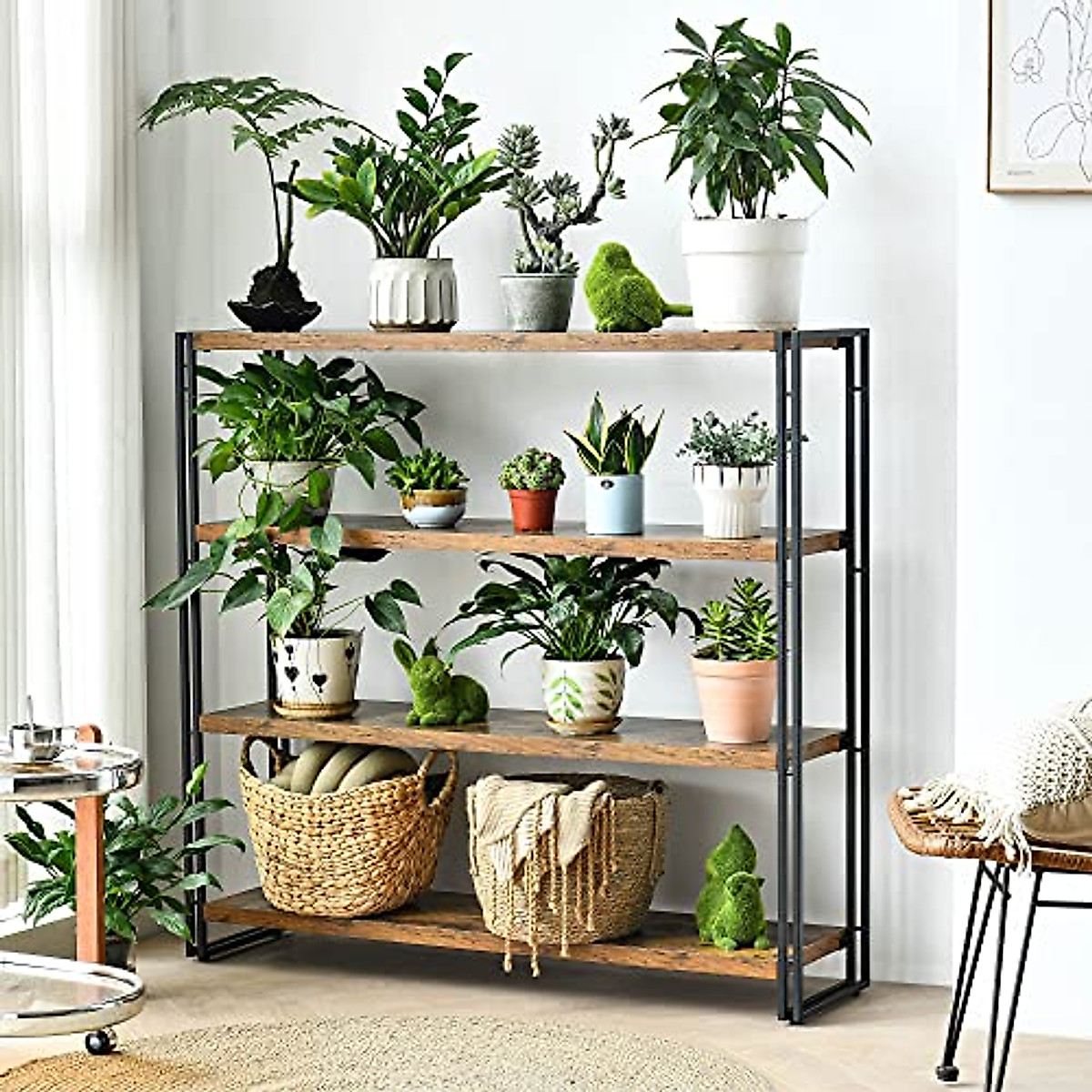 Bookshelf,4-Tier Industrial Bookcase,Rustic Wood and Metal Open Display Book Shelves Home Office,Bedroom Standing Shelf Unit,Horizontal Kitchen Shelf Organizer,Bathroom Storage Rack Mid Century 47in