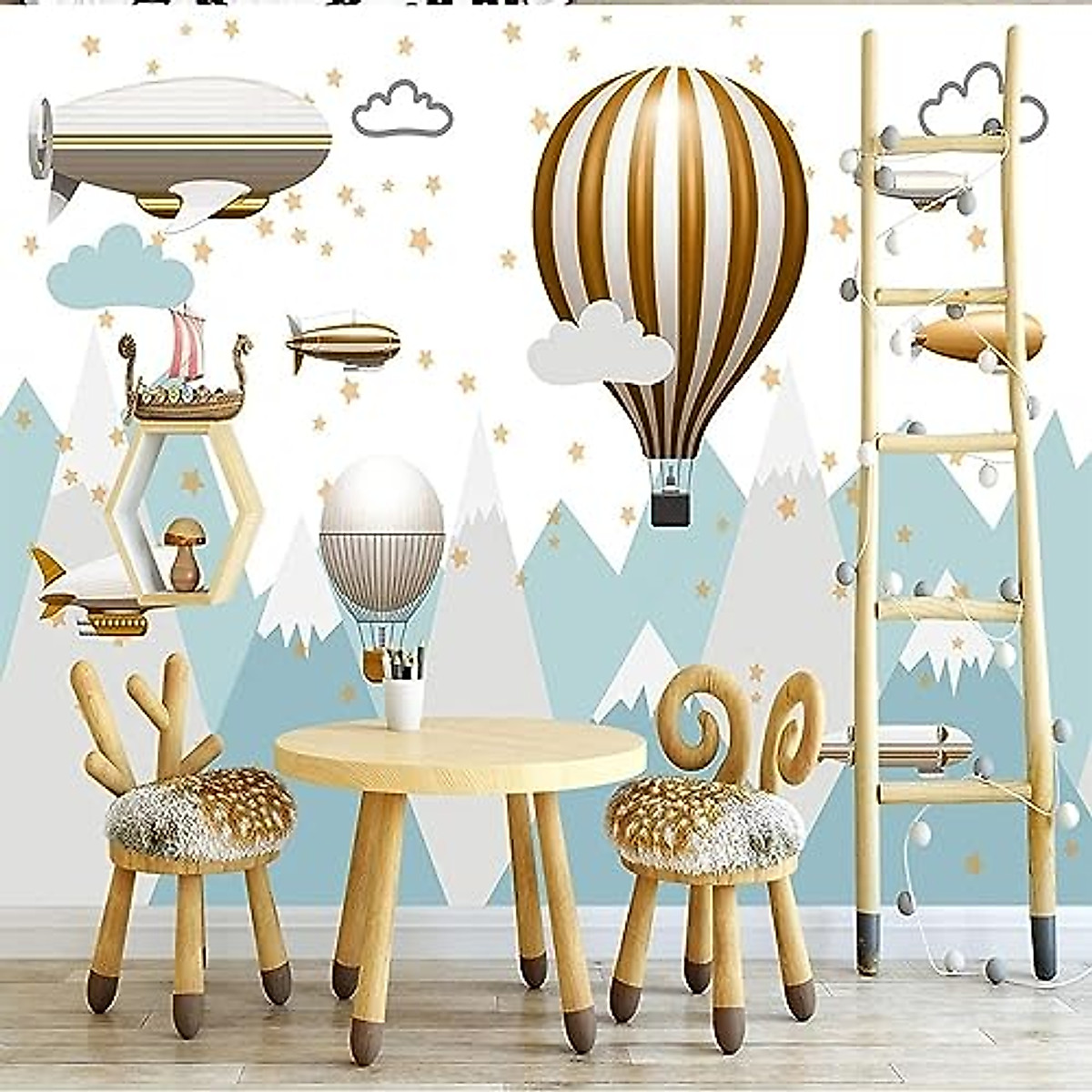 Cartoon Hot Air Balloon Wall Mural Wallpaper, 3D Star Rocket Peel and Stick Self-Adhesive Wallpaper, Removable Large Photo Sticker TV Background Decor for Living Room Bedroom 116" W x 91" H