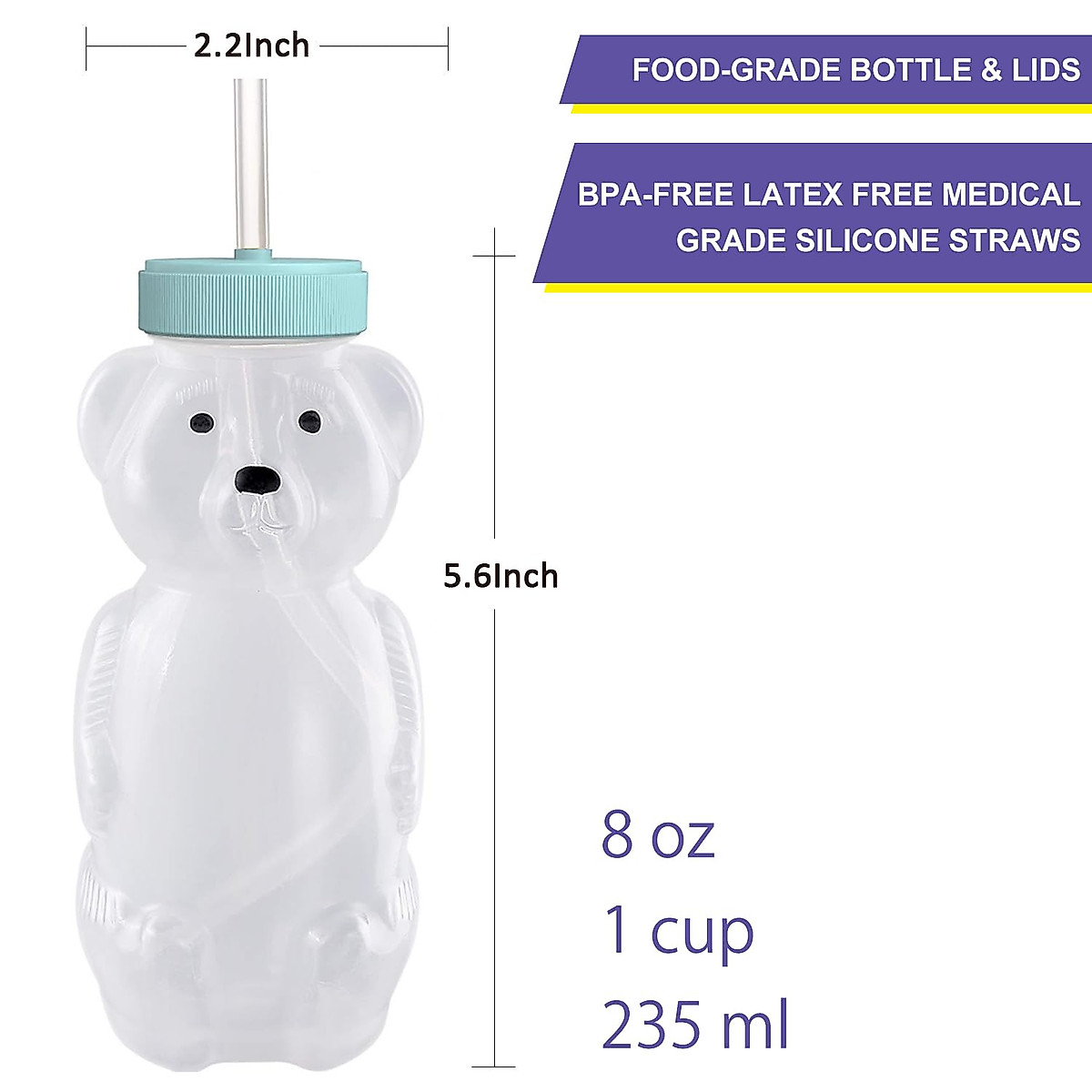 Honey Bear Straw Cups for Babies 1 pack, 8oz straw bear cup with improved safety lid design, honeybear baby cup straw, Leak-Proof & Food-Grade & BPA Free (AQUA)