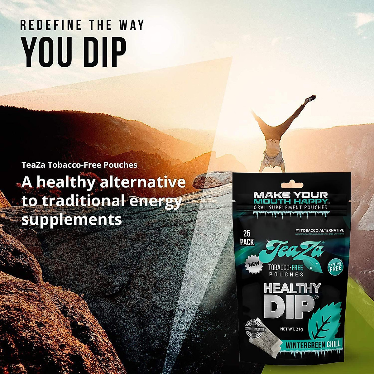 Teaza Energy Pouches, Tobacco Free Nicotine Free, Smokeless Alternative Snuff Healthy Chewing Tobacco Alternative, Minty Flavors Combo | 1 Wintergreen Chill & 1 Cool Mint Chill | 2 x 25 Pouch Packs