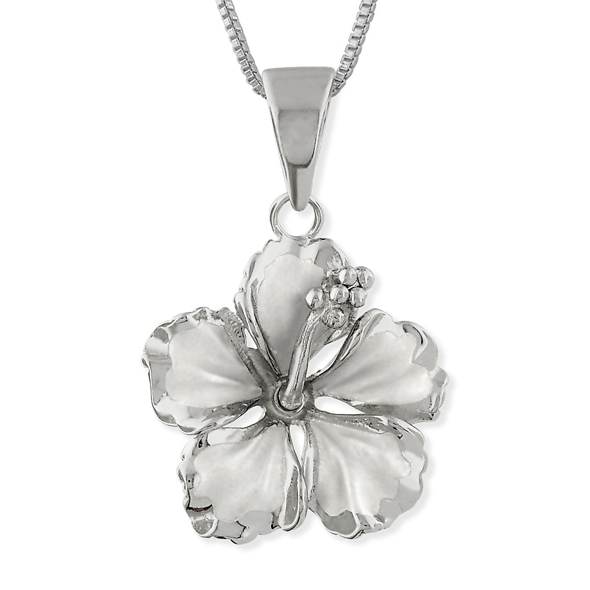 Hawaiian Silver Jewelry Hibiscus Pendant Necklace – 16 plus 2-inch Sterling Silver Chain Necklace with Hibiscus Flower Pendant – Italian Made Silver Chain – Sophisticated Silver Flower Pendant