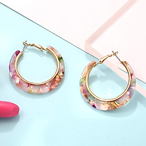 XOCARTIGE Acrylic Hoop Earrings for Women Tortoise Resin Earrings Bohemia Statement Dangle Earring Studs (Pink Flower)