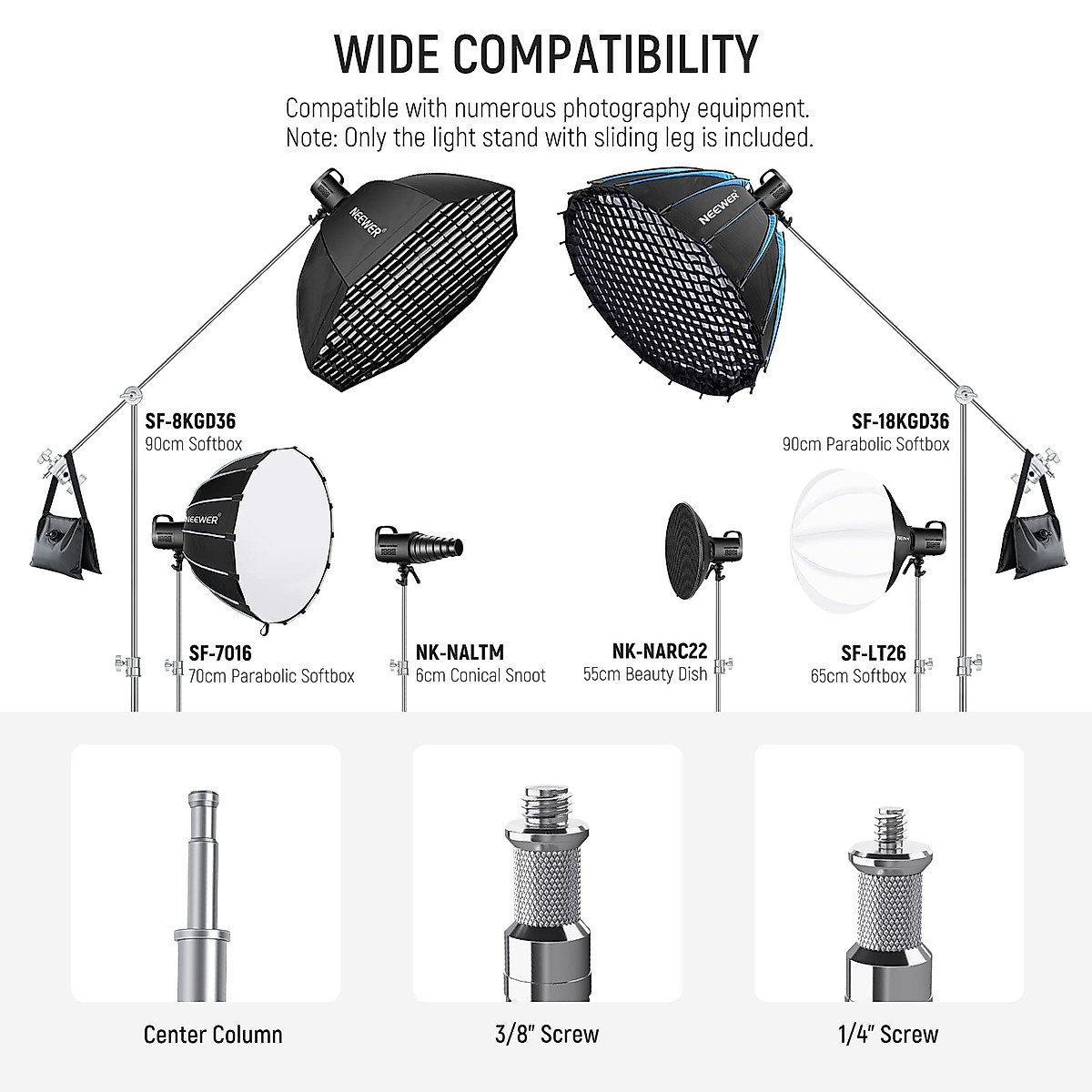NEEWER C Stand with Boom Arm & Sliding Legs, Pro 100% Stainless Steel Stand Max Height 10.13ft/309cm with 3.9ft/120cm Arm & 2 Grip Heads for Photography Umbrellas, Reflectors, Softboxes and Monolights