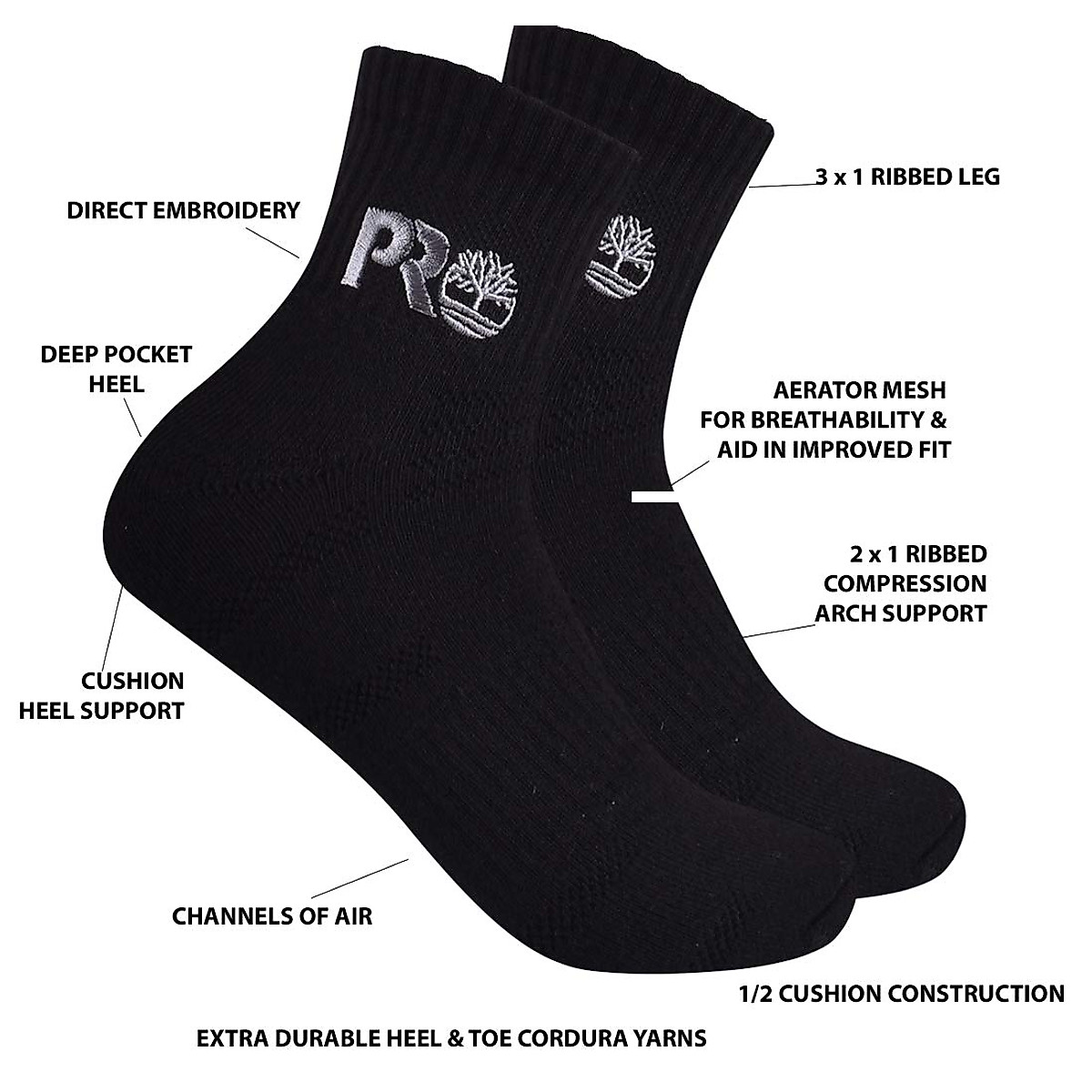 Timberland PRO mens 2-pack Half Cushioned Quarter Socks, Black Heather, Large US