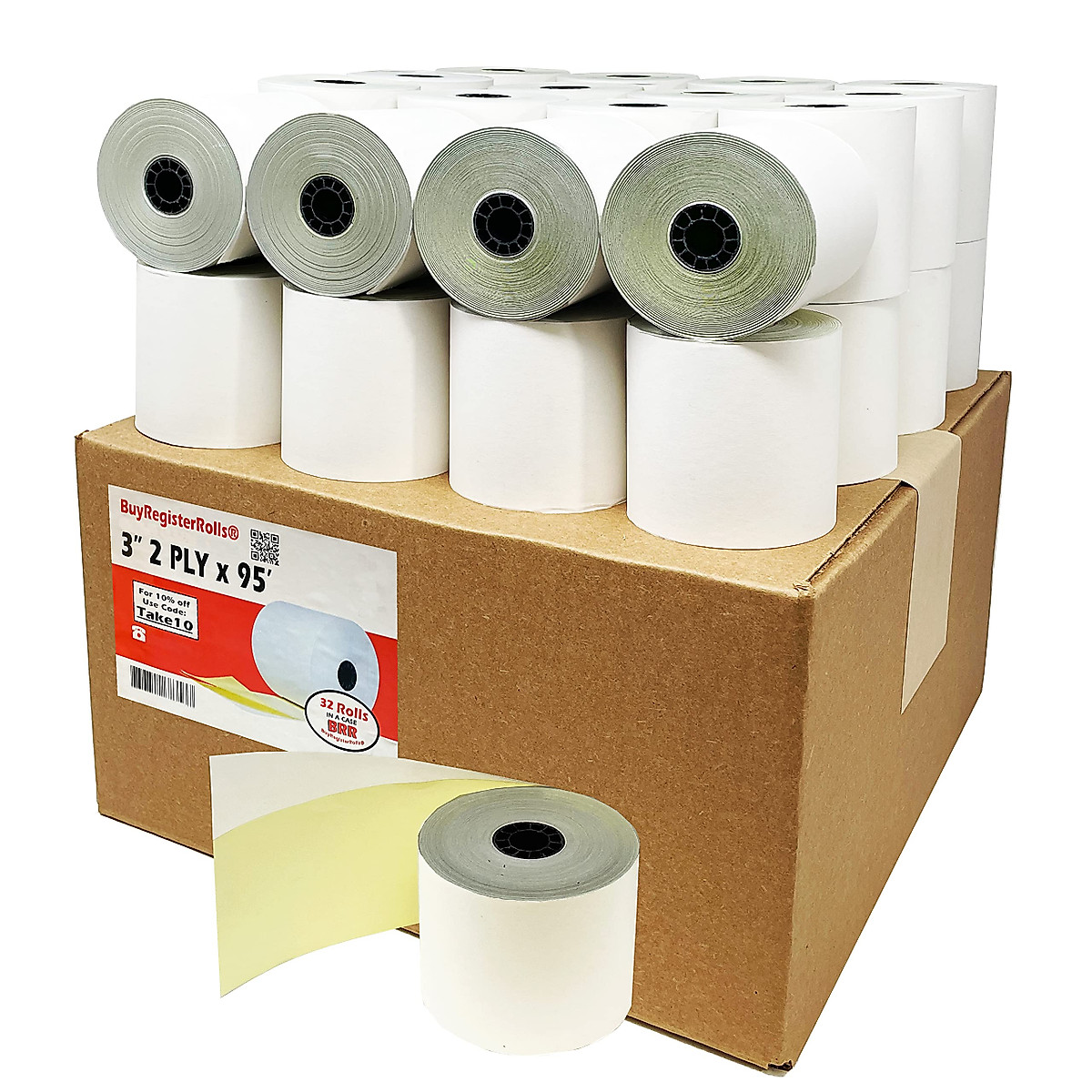 (32 Rolls) 2 Ply Carbonless Rolls 3" X 95 Feet White/Yellow Receipt Paper POS Cash Register Two Ply White/Canary for Star Micronics SP700 SP2000 UP389 Omni 480 TMU 220 250 Require Ribbons ERC30/34/38
