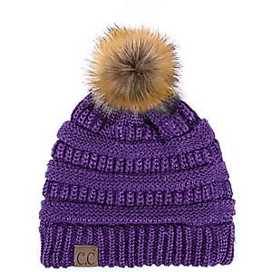C.C Exclusives Unisex Solid Ribbed Beanie with Pom (HAT-43) (Purple Metallic)