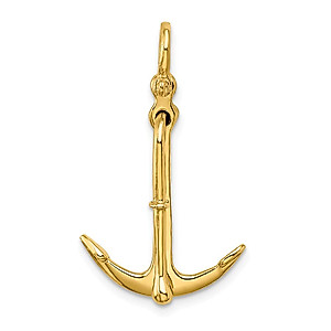 Solid 14k Yellow Gold 3-D Anchor 2 Piece and Moveable Charm Pendant - 37mm x 17mm
