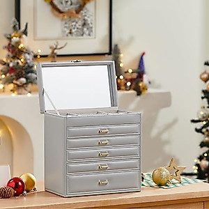 Vlando 6 Tier Large Jewelry Box for Women - Big Jewelry Organizer with Mirror, Jewelry Box Organizer for Drawer Necklace Ring Bracelet and Watch, Gift for Loved Ones Gray