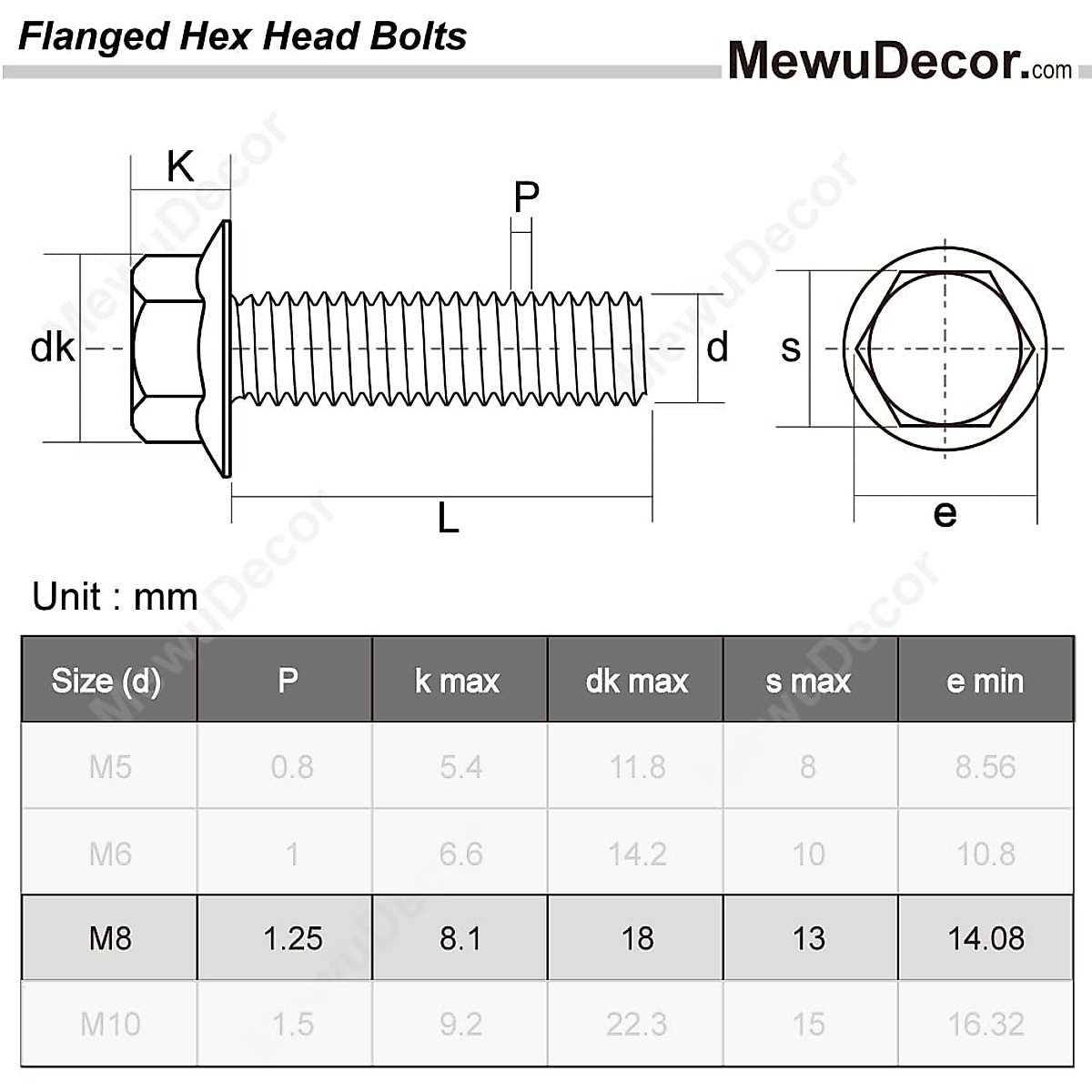 M8-1.25 x 35mm Flanged Hex Head Bolts Flange Hexagon Screws, Stainless Steel 18-8 (304), Plain Finish, DIN 6921, 15 PCS