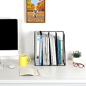 EasyPAG Desk Organizers Metal Desktop Magazine File Holder with 4 Vertical Compartments Rack File Organizer for Office Workspace,Black