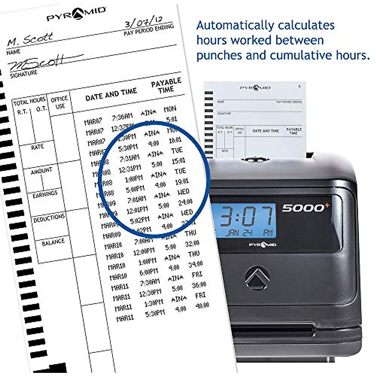 Pyramid Time Systems, Model 5000 Auto Totaling Time Clock, Handles up to 100 Employees, Made in USA, black