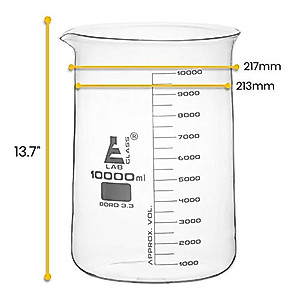 EISCO Beaker, 10,000ml - Low Form with Spout - White, 500ml Graduations - Borosilicate 3.3 Glass - 10L Beaker, Large Beaker