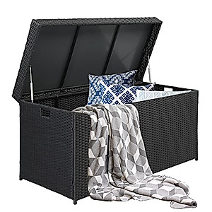 OOTDxvv 500L/132Gallon PE Rattan Deck Box for Patio Furniture, Pool Accessories, and Storage for Outdoor Toys, Black Four-Wire Rattan