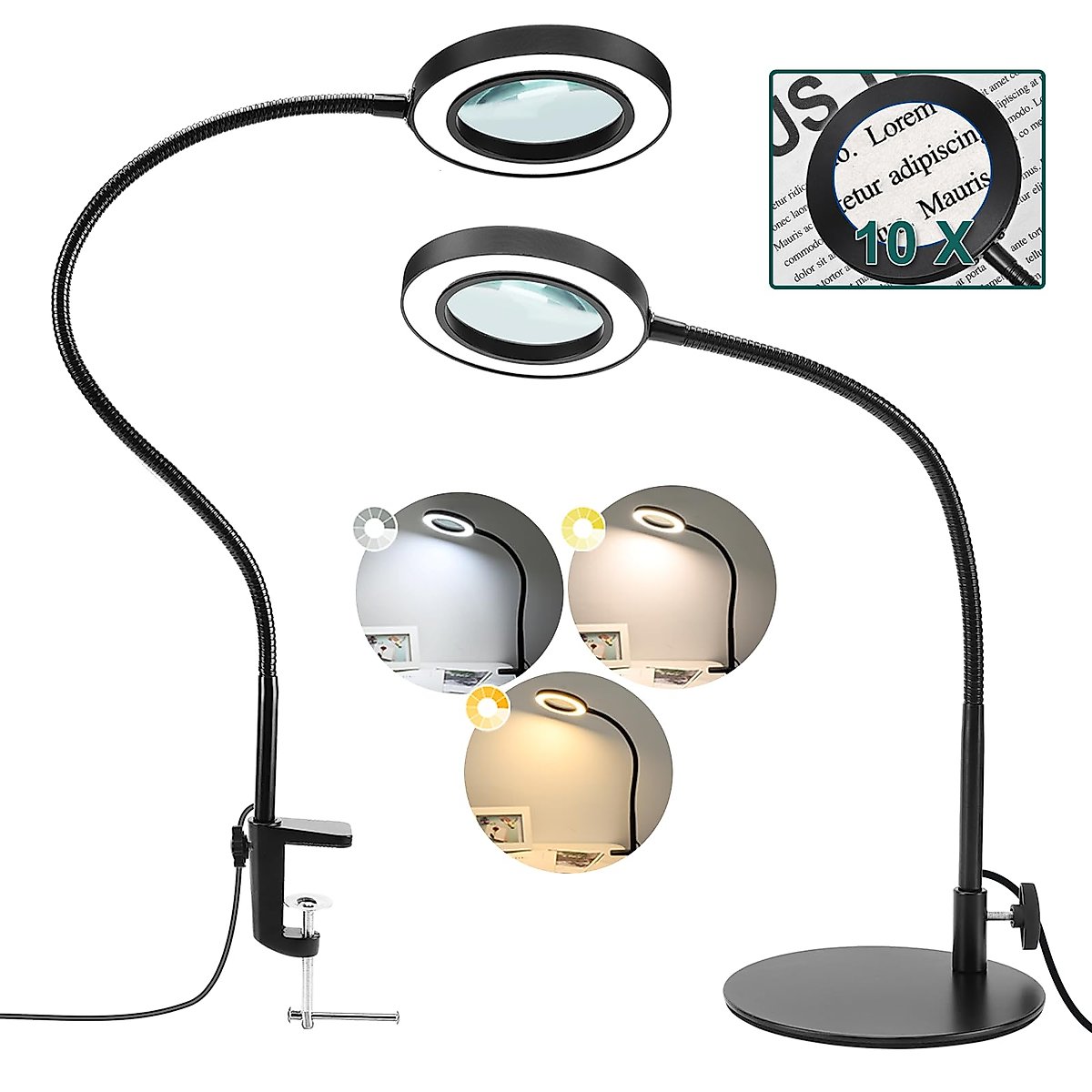 Tobegiga 10X Magnifying Glass with Light and Stand, 2-in-1 Flexible Gooseneck Magnifying Desk Lamp with Clamp, 3 Color Modes Stepless Dimmable LED Lighted Magnifier Hands Free for Craft Painting Hobby