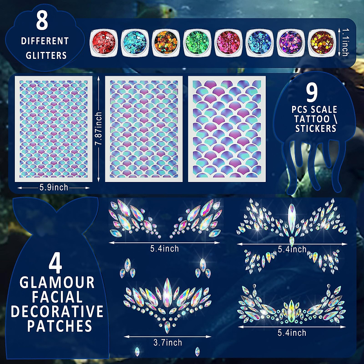 Jutom 21 Pcs Halloween Mermaid Costume for Women Make up Kit 4 Sheets Mermaid Scale Temporary Tattoos Stickers 9 Sets Body Face Jewels 8 Bottles Holographic Face Gems Glitter for Festival Rave Party