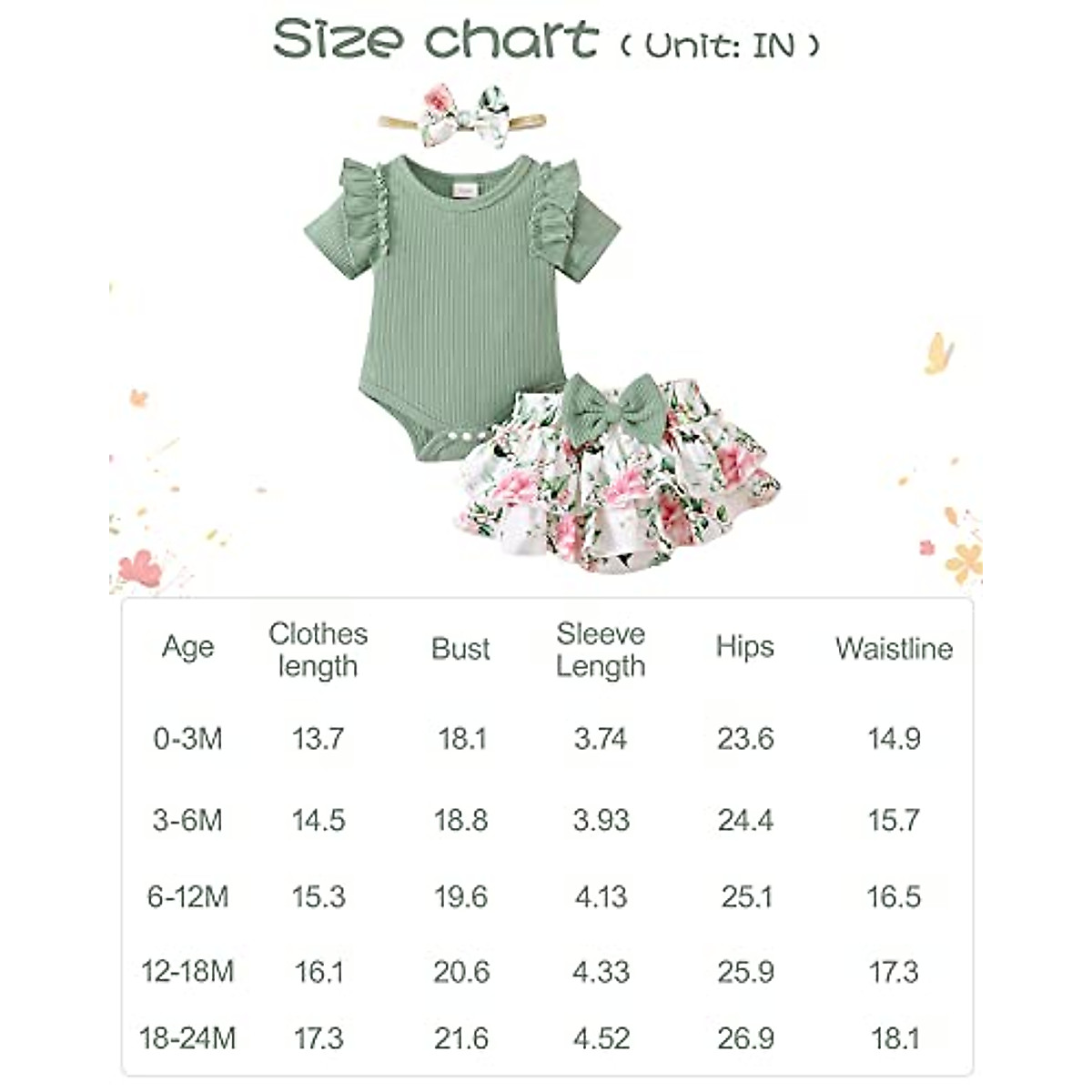 nilikastta Newborn Baby Girl Clothes Infant Girl Summer Outfit Ruffle Sleeve Romper Floral Shorts Bowknot Headband Set(Green,3-6M)