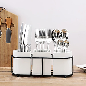 Buyajuju 3 Piece Porcelain Flatware Holder Caddy with Metal Rack, Utensil Holder Caddy For Spoons, Knives and Forks Cutlery Organizer