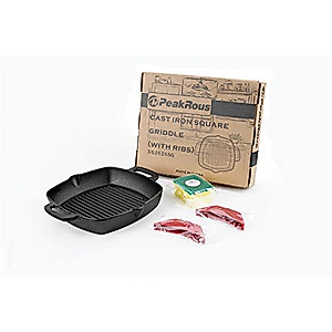 PR PeakRous Cast Iron Grill Pan Skillet Square for Stove Top and Oven with Two Silicone Handles 10 inch