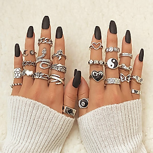 35 Pcs Vintage Silver Knuckle Rings Set for Women Men, Grunge Gothic Rings Chunky Aesthetic Snake Stackable Ring Adjustable Y2K Punk Bulky Boho Finger Alt Fairy Skull Frog Heart Star Flower Midi Ring Pack